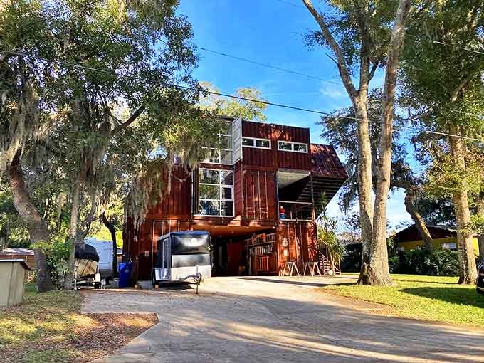 Another angle reveals the container home's ingenious design &ndash; stacked and arranged to maximize space while creating architectural interest.