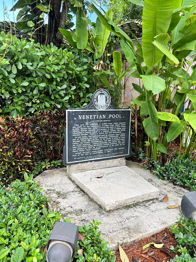History stands still on this weathered plaque, telling tales of Roaring Twenties glamour when Hollywood stars made this their aquatic playground.