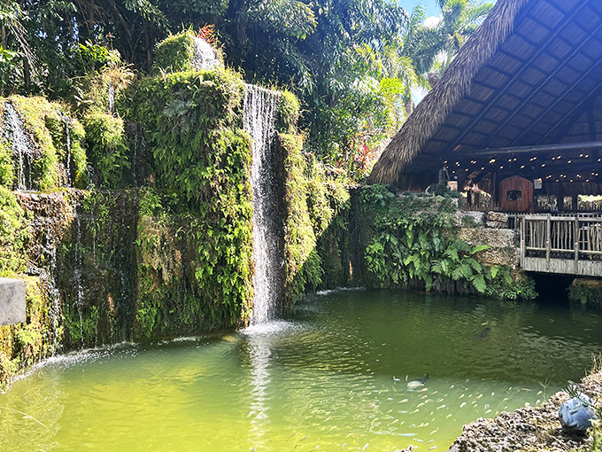 Nature's masterpiece: Lush vegetation and cascading waters create the perfect backdrop for Schnebly's outdoor wine experience.