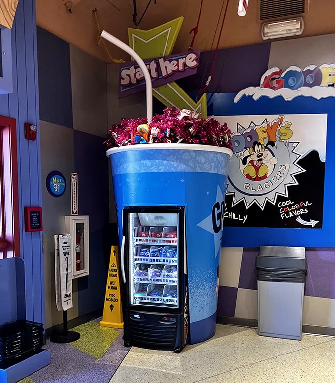 This giant blue slush cup isn't just a drink container &ndash; it's a landmark that says "You've arrived at sugar paradise."