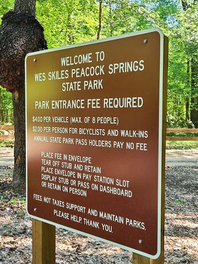 The fine print of paradise: this sign outlines the modest investment required to experience one of Florida's most spectacular natural treasures.