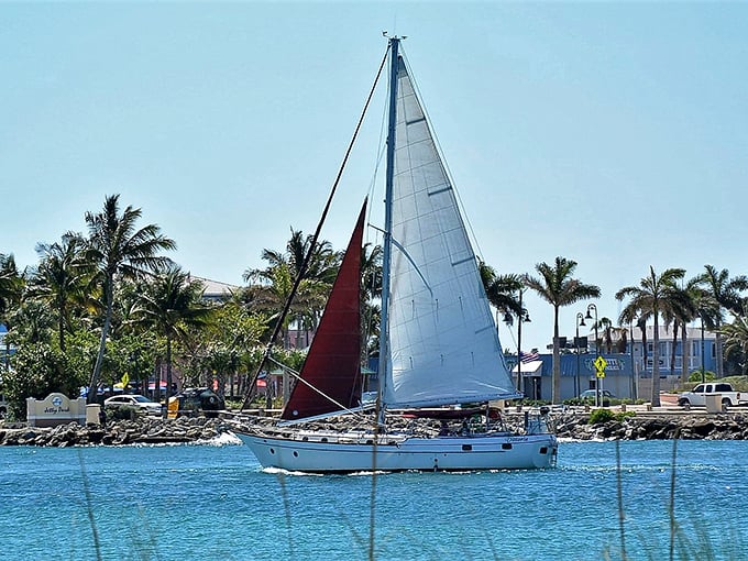 A graceful vessel glides through the inlet's azure waters, capturing the perfect balance between human adventure and natural beauty.