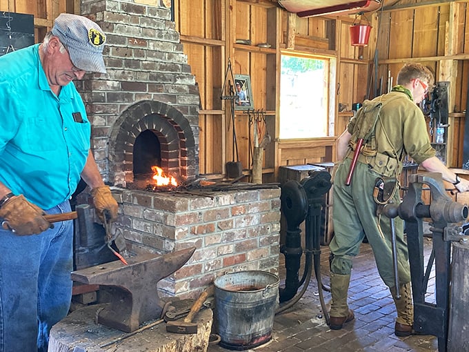 Skilled craftsmen demonstrate traditional blacksmithing techniques, creating useful items that won't need replacing every two years like modern gadgets.