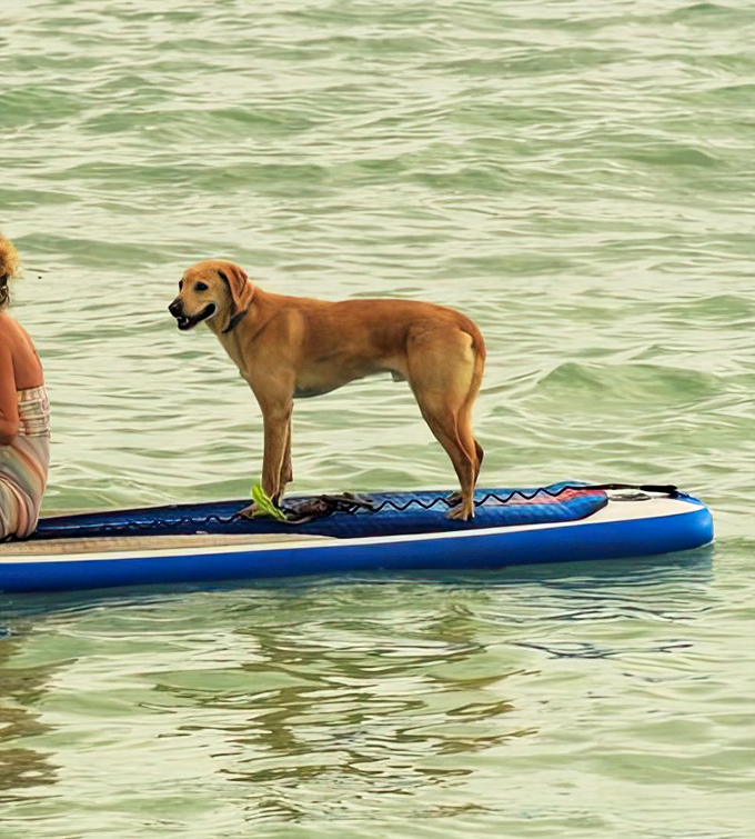 Adventurous pup riding a paddleboard through the gentle waters at Bahia Honda State Park, mastering the art of balance while enjoying the Florida sunshine.
