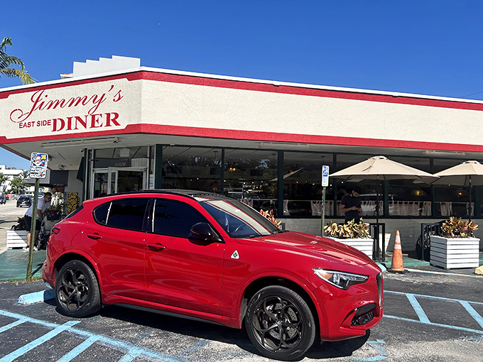 Jimmy's Eastside Diner's classic red and white color scheme makes this Miami institution pop against the Florida sky.