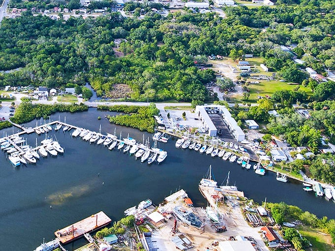 An aerial view of Tarpon Springs shows the town's beautiful waterways and marinas that have supported the sponge industry for generations.