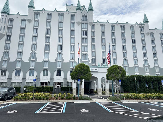 This castle-themed hotel combines medieval charm with modern luxury, its impressive entrance welcoming guests to a truly magical overnight experience.