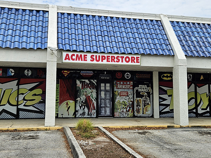 The iconic blue-roofed ACME Superstore beckons collectors with its bold signage, promising treasures that would make even Willy Wonka jealous.