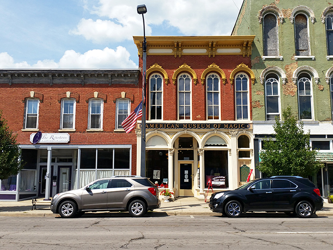 The American Museum of Magic's historic brick facade stands proudly on Marshall's main street, its golden-trimmed windows hinting at the wonders within.