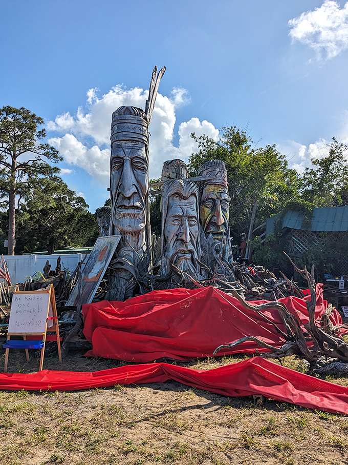 Towering wooden sentinels with weathered faces stand guard under Florida's blue sky, their expressions both solemn and serene.