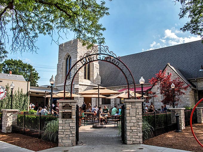 The welcoming arch to Atwater's biergarten invites visitors into what was once Grace United Church, now a sanctuary for craft beer enthusiasts.