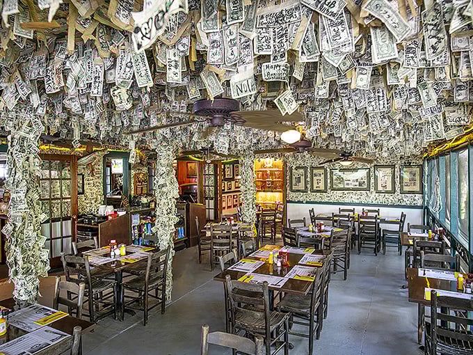 Welcome to dollar bill heaven! At Cabbage Key Inn & Restaurant, the decor is literally cash money, with thousands adorning every surface.