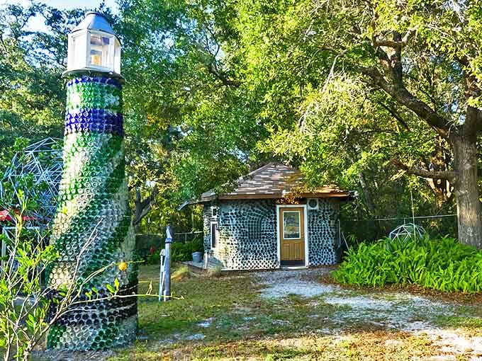 A lighthouse made of memories &ndash; thousands of bottles transform sunlight into a kaleidoscope of color at Carrabelle's most unexpected landmark.