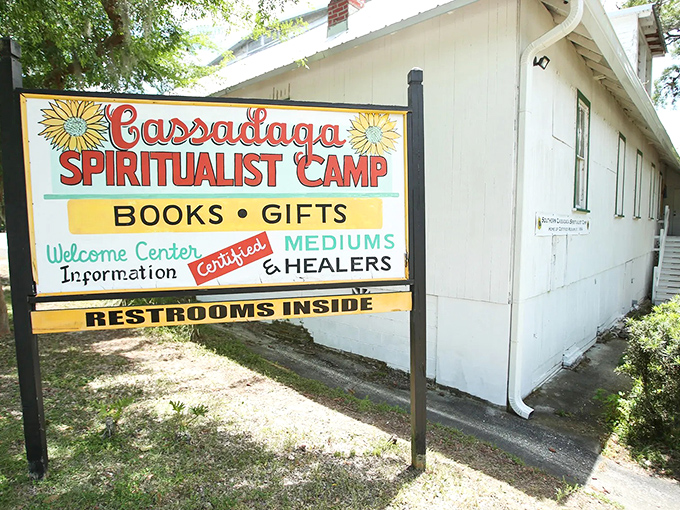 Welcome to Cassadaga Spiritualist Camp, where the sign promises books, gifts, and certified mediums &ndash; because everyone needs a professional ghostwhisperer sometimes!