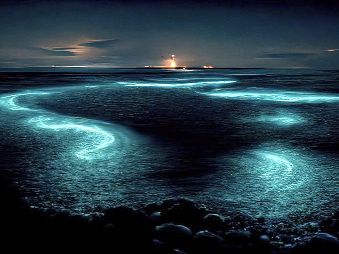 Nature's light show outperforms Vegas as ethereal blue waves create patterns that no neon sign could match.