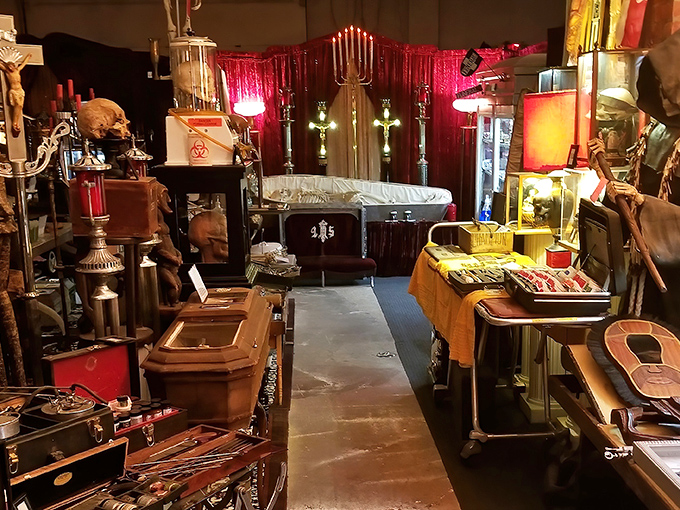 Step into the macabre world of the Anatomy of Death Museum, where crimson curtains frame a coffin centerpiece amid an eclectic collection of funeral artifacts.