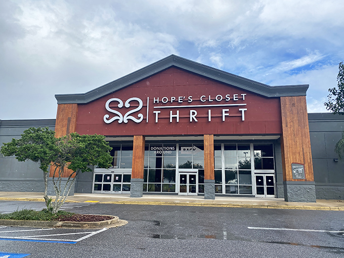 Hope's Closet Thrift stands proudly in Arlington, its red facade and wooden accents beckoning treasure hunters like a retail lighthouse.