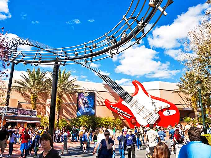 Disney's Hollywood Studios: Where giant guitars and musical notes soar overhead, welcoming visitors to a land where rock 'n' roll meets movie magic.