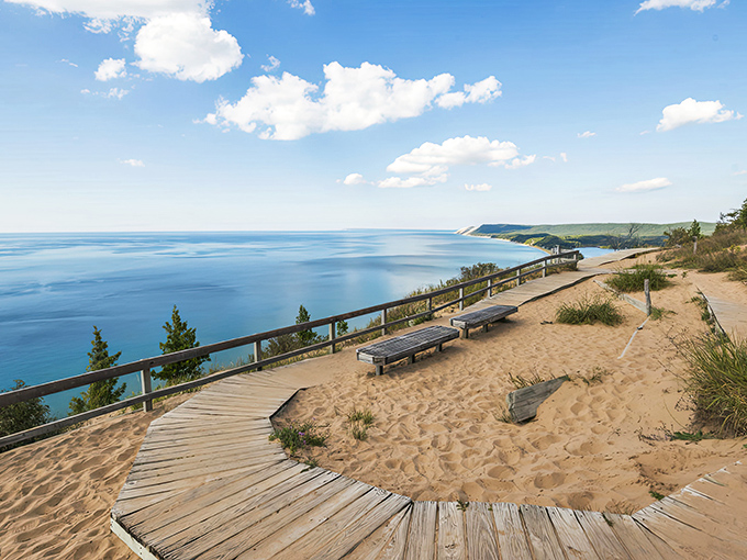 Empire Bluff Trail: Where wooden pathways meet endless horizons, creating the perfect marriage of forest charm and lakeside grandeur.