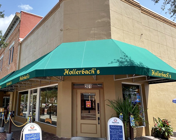 Hollerbach's emerald green awning beckons like a Bavarian lighthouse in downtown Sanford, promising authentic German delights within these walls.