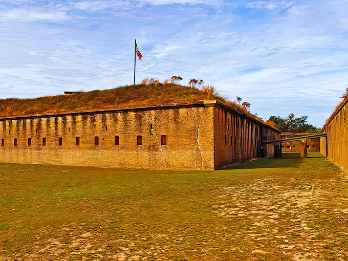 Imposing brick walls stand sentinel over Pensacola Bay, their weathered faces telling tales of conflicts long past at historic Fort Barrancas.