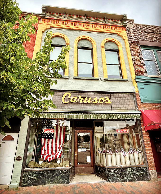 Exterior: A colorful time capsule on Dowagiac's main street, Caruso's vibrant fa&ccedil;ade promises sweet nostalgia behind that classic storefront.