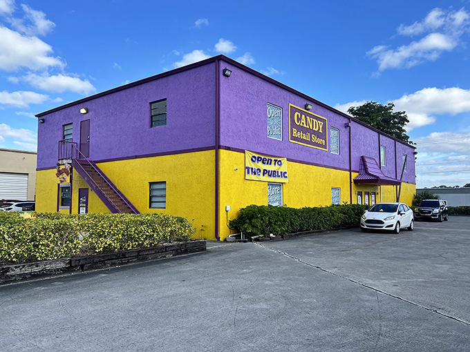 The unmistakable purple and yellow exterior of Bulk Candy Store stands out like a giant sugar rush waiting to happen in West Palm Beach.