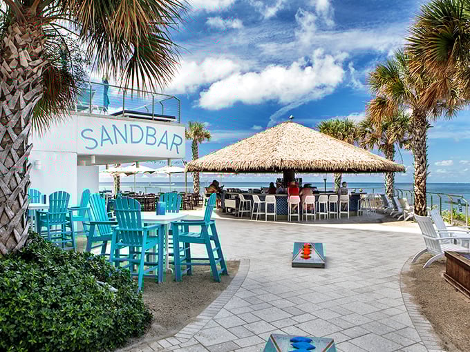 Paradise found: The Sandbar's bright blue exterior promises beachy vibes and vacation mode activation the moment you arrive.