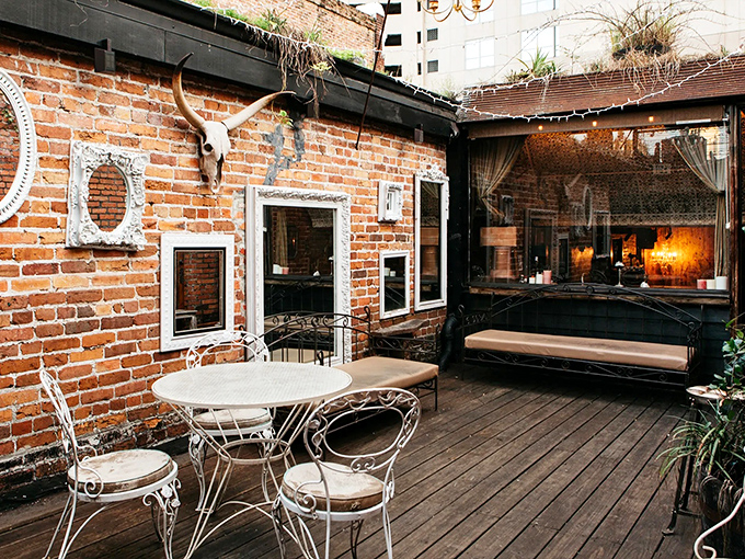 Exterior: Rustic brick walls and vintage frames create the perfect disguise for Orlando's most secretive drinking establishment &ndash; speakeasy subterfuge at its finest.