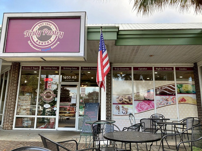 Exterior: The purple-signed storefront stands like a beacon of buttery hope on Apalachee Parkway, promising sweet salvation to all who enter.