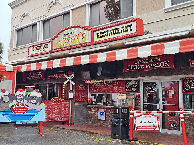 The iconic red-and-white striped awning of Jaxson's beckons sweet-toothed travelers like a candy-colored lighthouse on Dania Beach's shore.