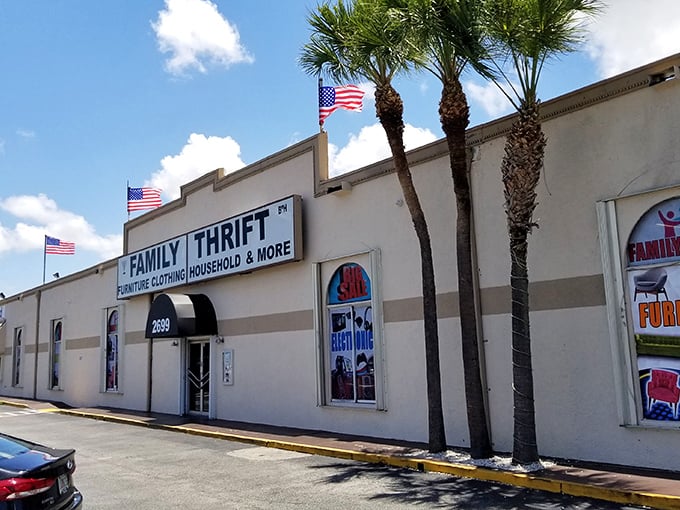The unassuming exterior of Family Thrift Store hides a treasure trove within &ndash; those American flags aren't just patriotic, they're waving you toward adventure!