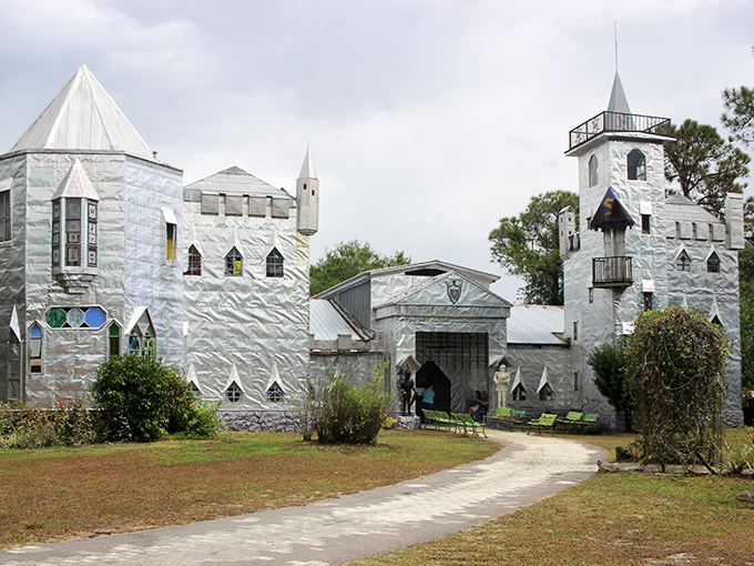 The gleaming aluminum exterior of Solomon's Castle catches sunlight like a disco ball that decided to become royalty. Pure Florida magic!