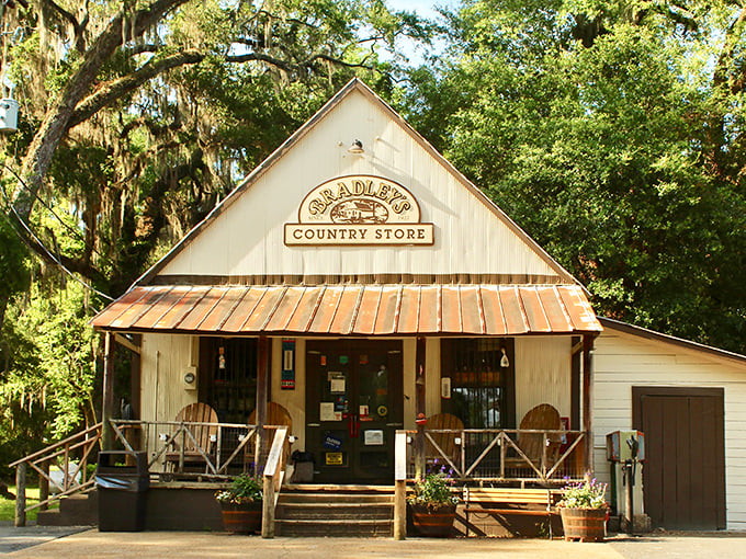 Bradley's Country Store stands proudly under Spanish moss-draped oaks, its weathered porch and metal roof promising authentic treasures within.