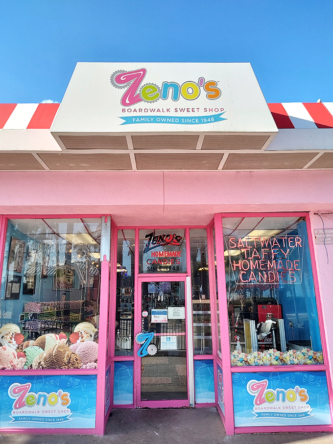 The iconic pink facade of Zeno's beckons like a sugar coated lighthouse on Daytona's boardwalk, promising sweet treasures within.
