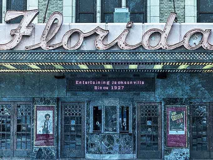 The iconic Florida Theatre marquee glows with vintage charm, beckoning Jacksonville's entertainment seekers since 1927 with promises of magical evenings.