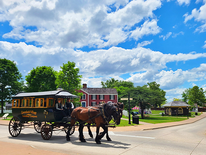 Horse-drawn carriages transport visitors through time at Greenfield Village, where history rolls along at a leisurely nineteenth-century pace.
