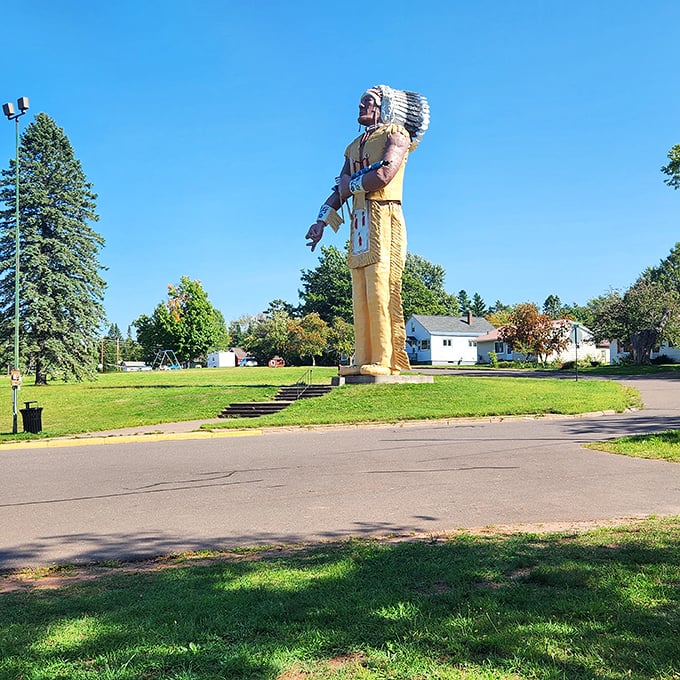 Hiawatha stands 52 feet tall in Ironwood, Michigan, like a gentle giant keeping watch over the Upper Peninsula's rolling forests and small-town charm.