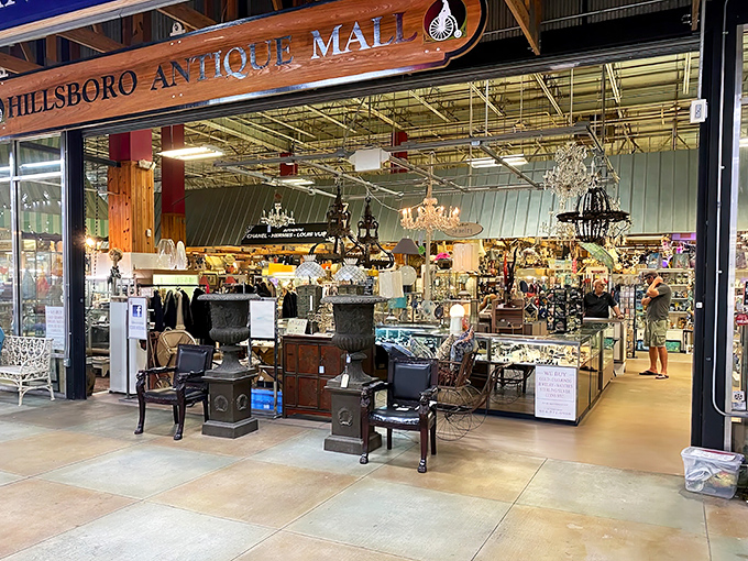 The grand entrance to Hillsboro Antique Mall beckons with promises of treasures waiting inside – like a portal to every decade you've ever missed.