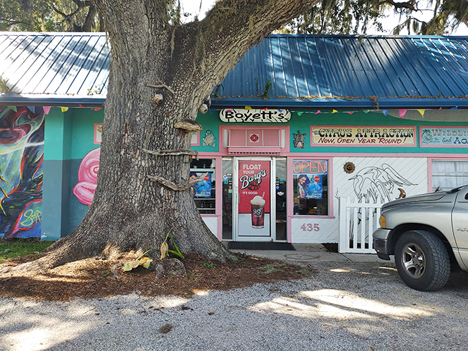 A turquoise dream with character to spare, Boyett's storefront welcomes visitors with a riot of color and the promise of Florida weirdness within.