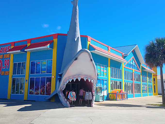 Jaws Souvenirs: Step right into adventure through the gaping maw of this shark entrance, where shopping becomes a delightfully dangerous expedition.