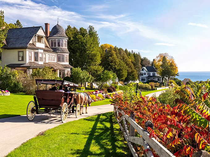 Victorian elegance meets natural beauty on Mackinac Island, where horse-drawn carriages replace taxis and time slows to a nineteenth-century pace.