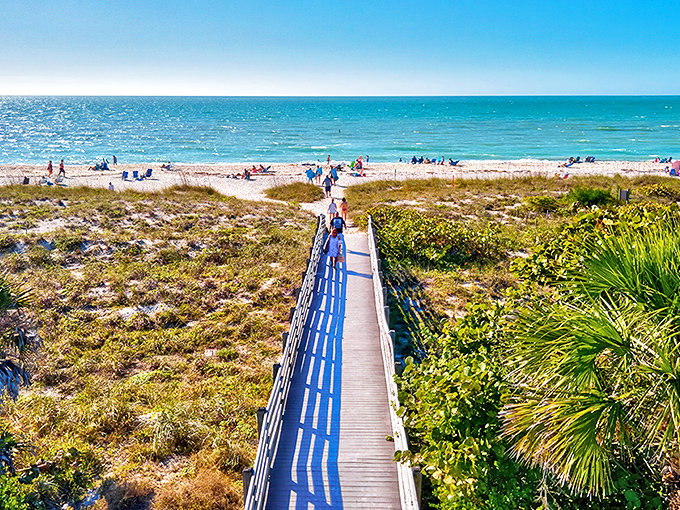 A wooden boardwalk stretches toward turquoise waters, nature's red carpet inviting you to leave your worries at the parking lot.