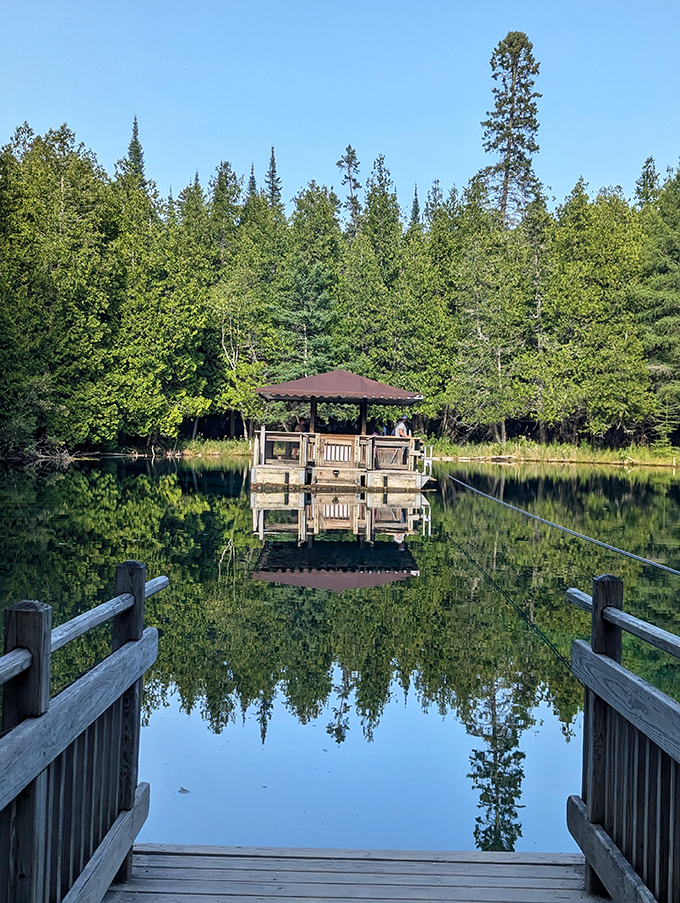 Welcome to Palms Book State Park, where nature decided to show off with a wooden gazebo that seems to float on mirror-like waters.