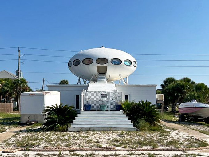 The iconic Futuro House stands sentinel on Pensacola Beach, a retro-futuristic vision that seems ready for liftoff at any moment.
