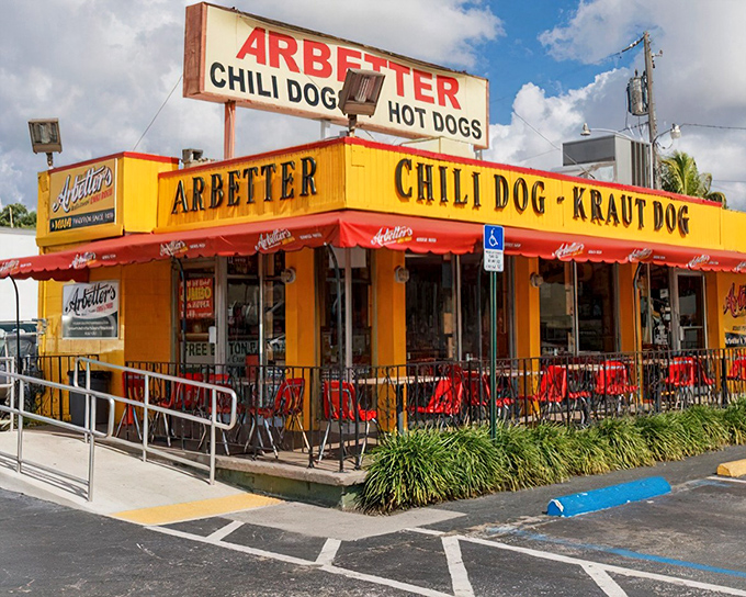 The sunshine-yellow exterior of Arbetter's stands like a beacon of hope for hungry Miamians, promising chili dog salvation since the Eisenhower administration.