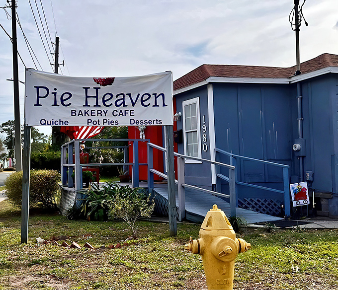 A humble blue building with a simple banner announcing "Pie Heaven" &ndash; don't let the modest exterior fool you about what awaits inside.