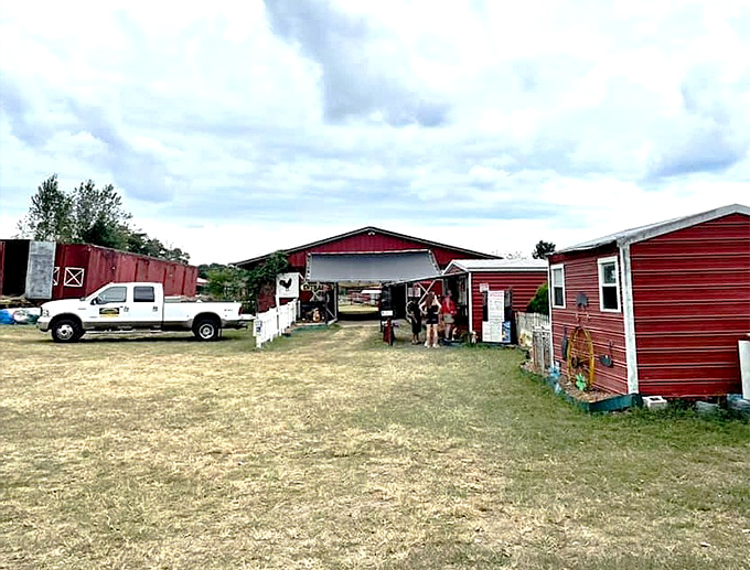 Red barn structures welcome visitors to Petting Zoo Ocala, where animal adventures and country charm await the curious traveler.