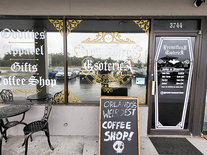 The unassuming storefront of Prometheus Esoterica beckons with golden lettering and the promise of Orlando's weirdest coffee experience.
