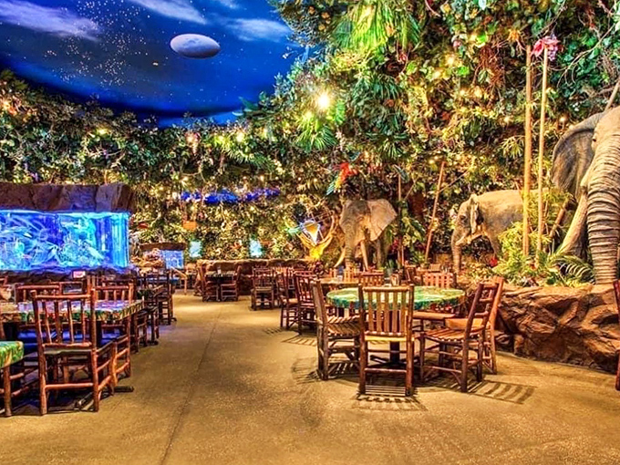 Step into a lush jungle paradise where elephants watch over diners and tropical storms roll through on schedule at Rainforest Cafe.